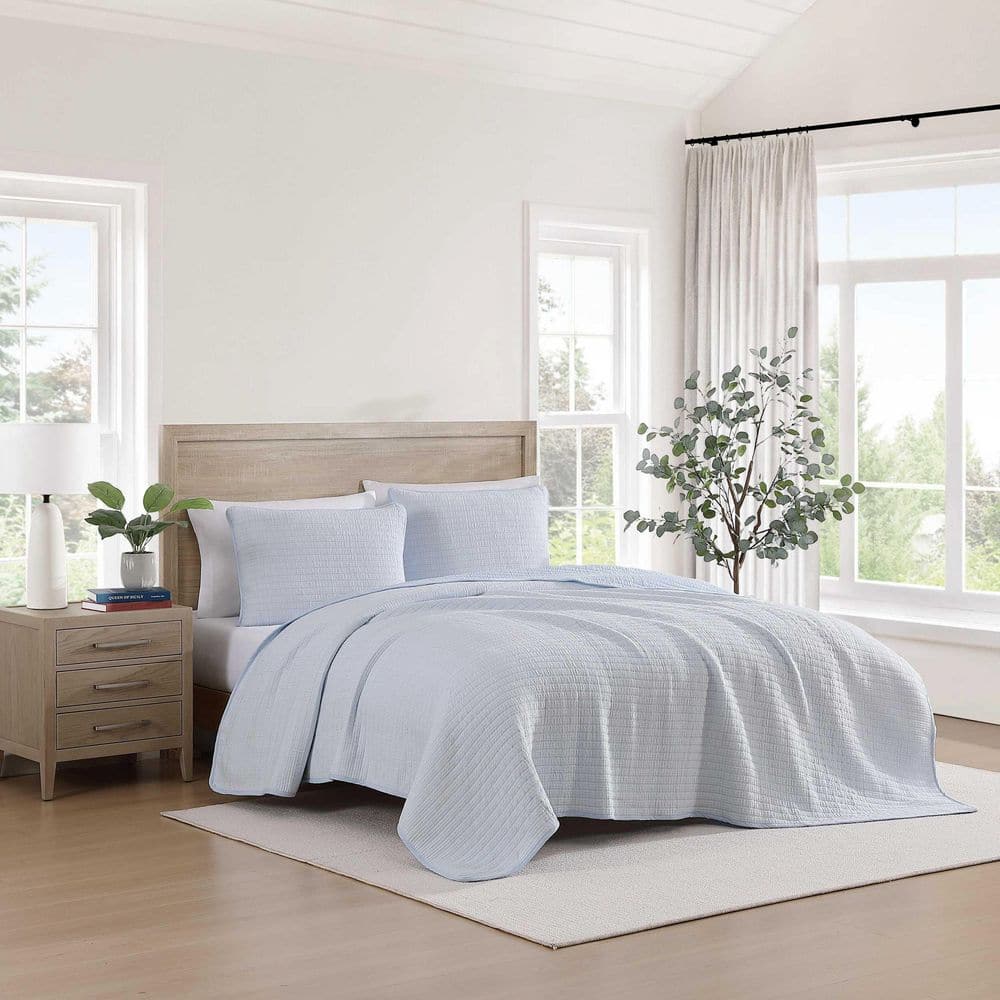 Tommy Hilfiger Ithaca Stripe 3-Piece White/Blue Cotton Full/Queen Quilt ...