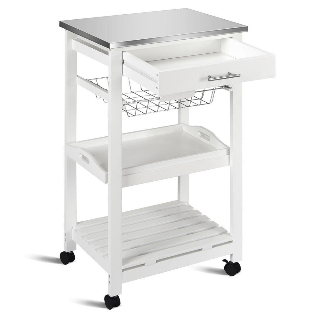 4-Tier White Rolling Kitchen Cart on Wheels with Stainless Steel ...