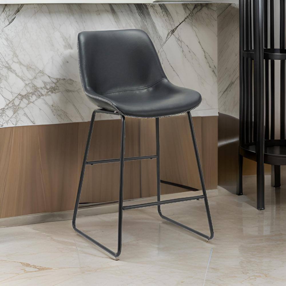 Benjara 26 in. Black Low Back Metal Frame Bar Stool with Faux Leather ...