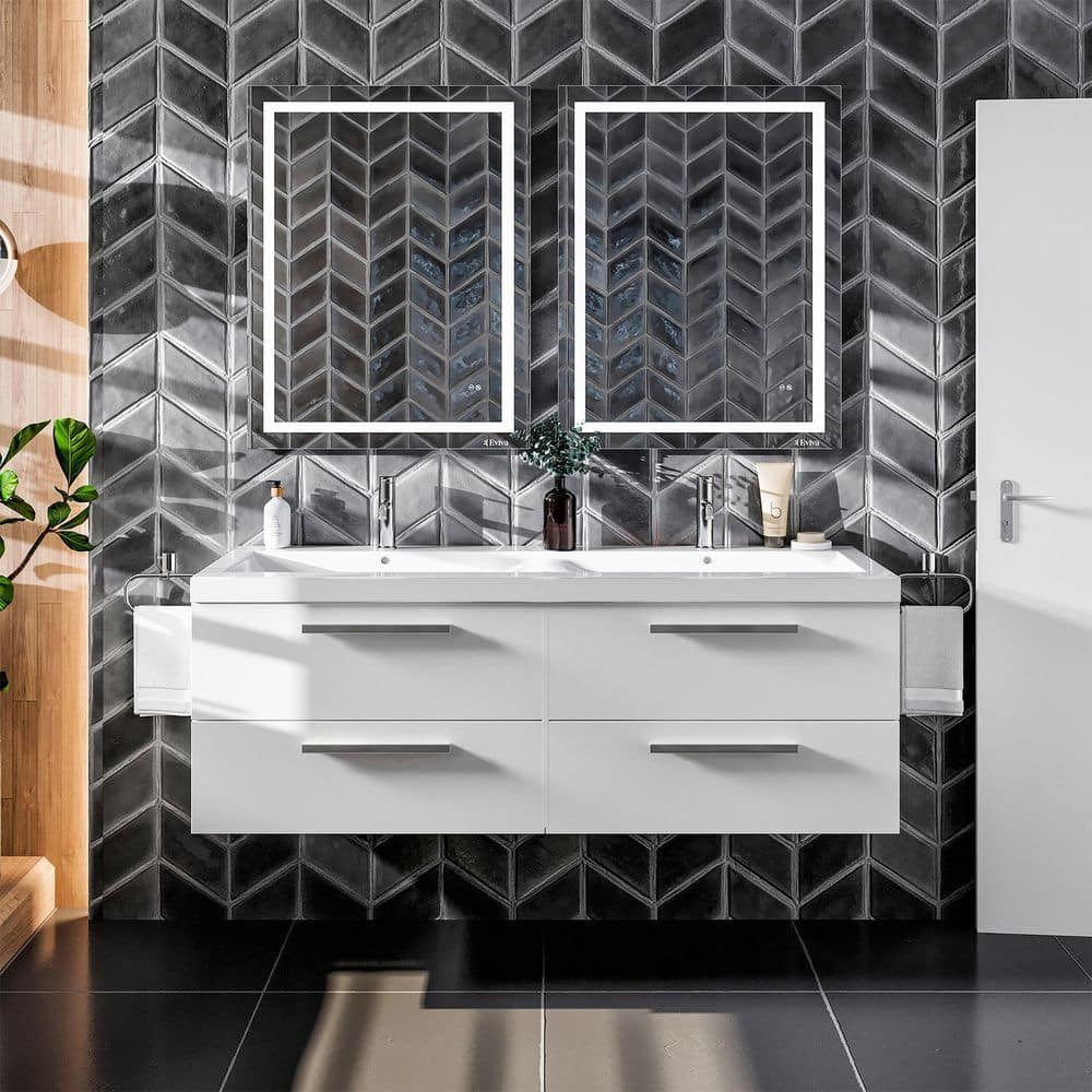 Eviva Surf 57 in. Double Sink Floating White Bath Vanity with White ...