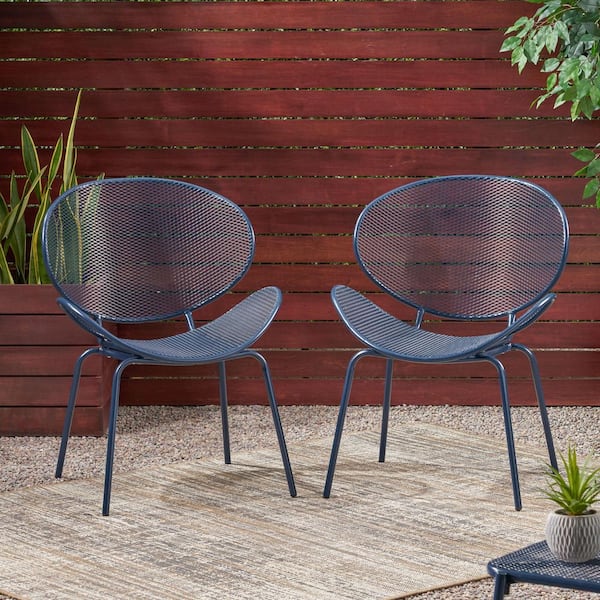 Set of 2 Navy Blue Metal Mesh Outdoor Dining Chairs with Curved ...