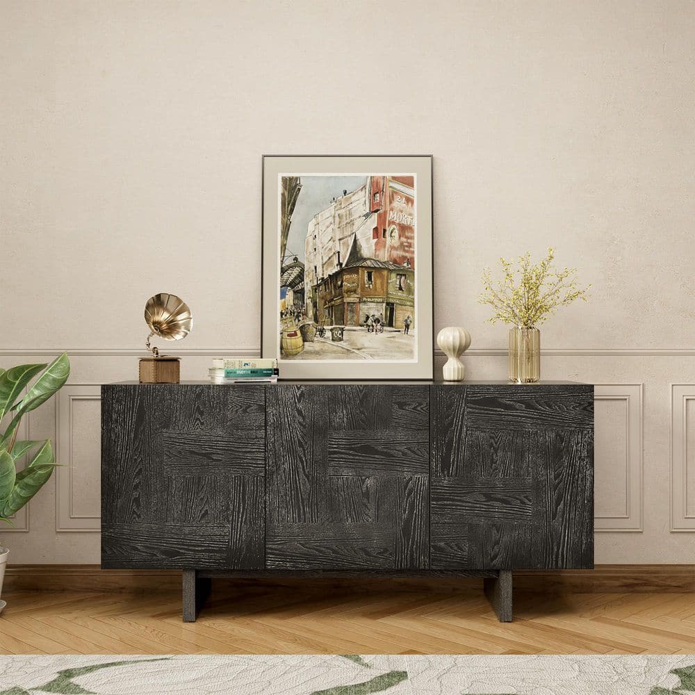Clihome Gray 63 in. TV Stand Cabinet Media Console Table with 3-Doors ...