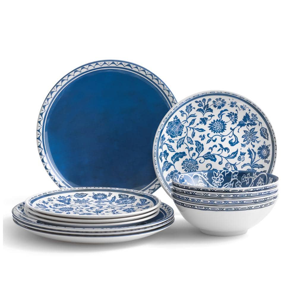 222 Fifth New Dynasty 12-Piece Casual Blue Melamine Dinnerware Set ...