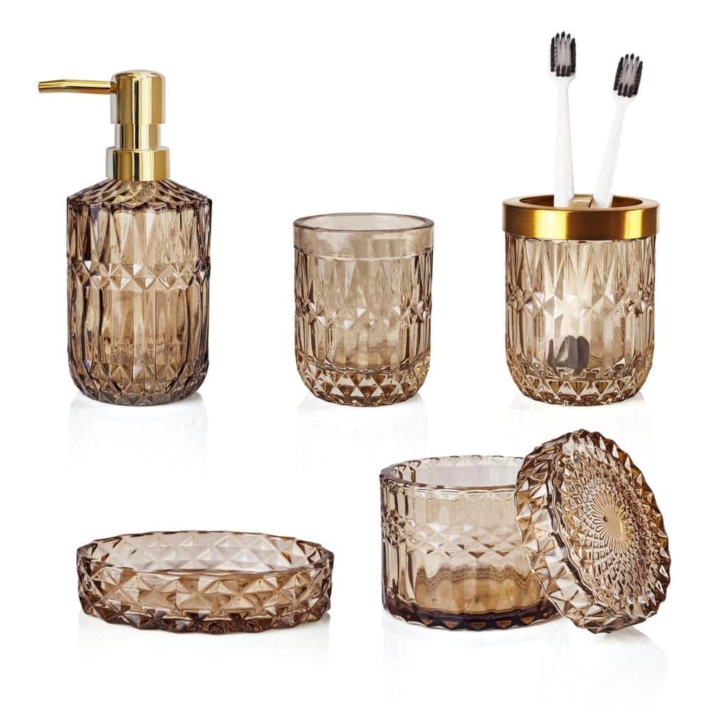 Wudkey Elegant 5-Piece Bath Accessory Set with Soap Dispenser and Jars ...