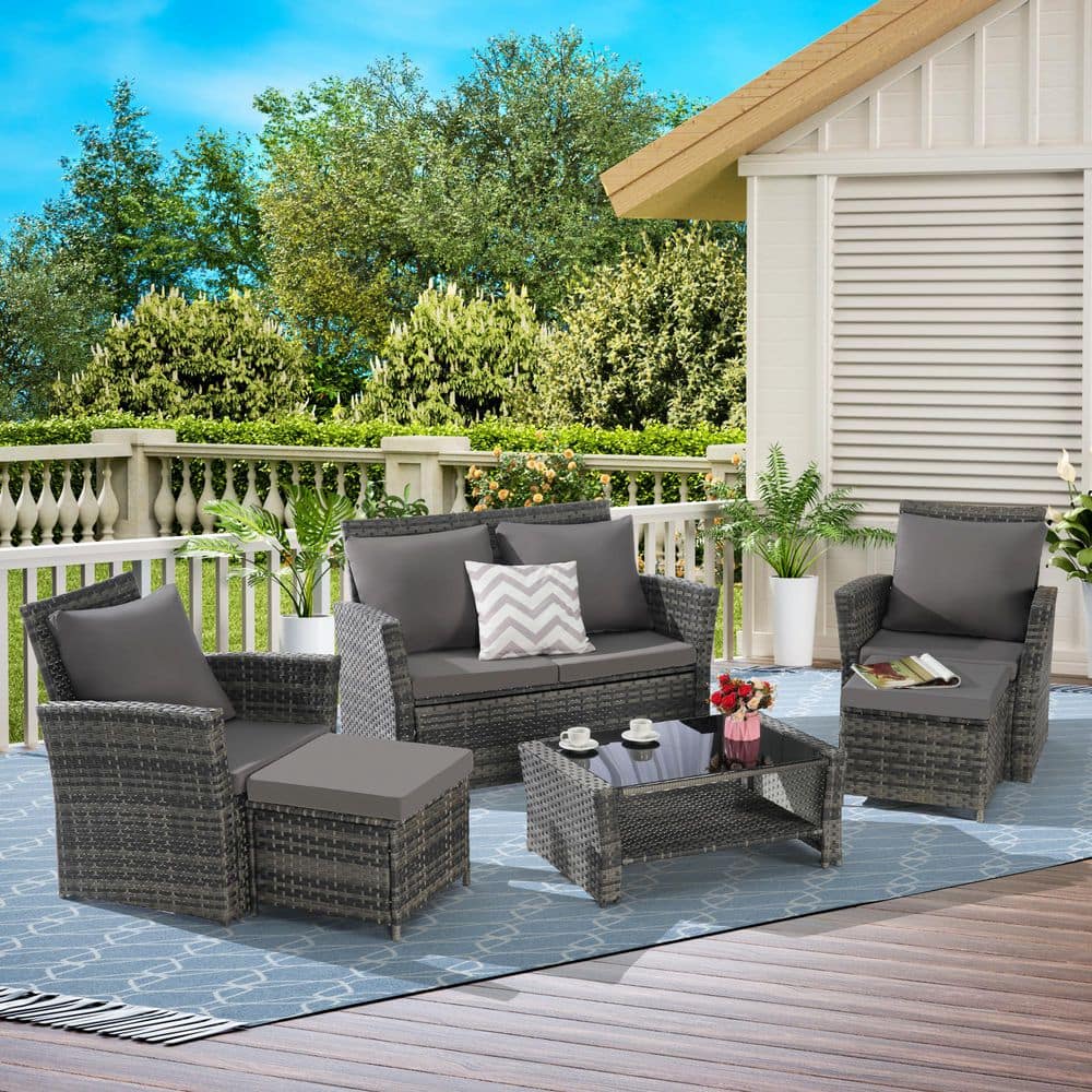 Sudzendf 6-Piece Gray Wicker Patio Conversation Set with Dark Gray ...