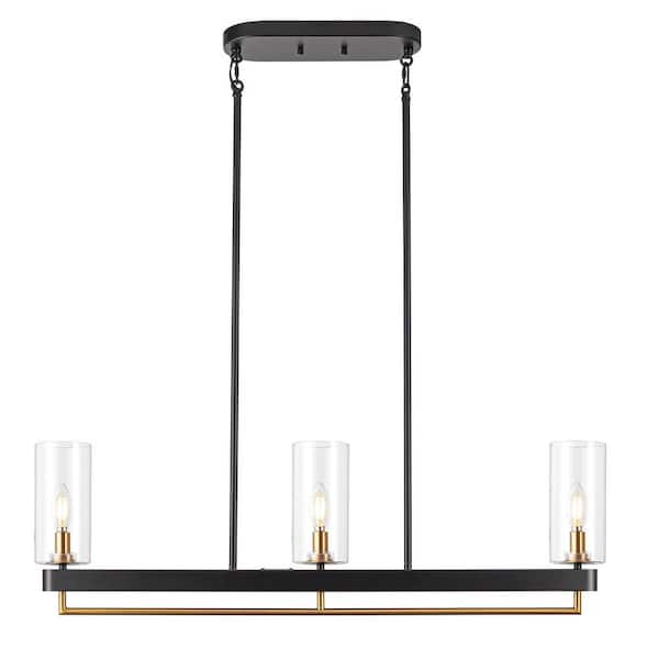 Modern Elegance 3-Light Black and Gold Clear Glass Rectangular Shape ...