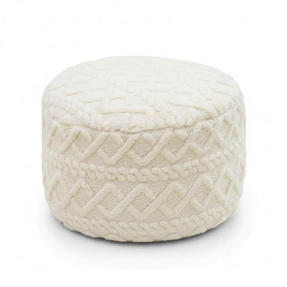 Cream Plush Fiber Upholstered Round Foam Filled Pouf Ottoman with Anti ...