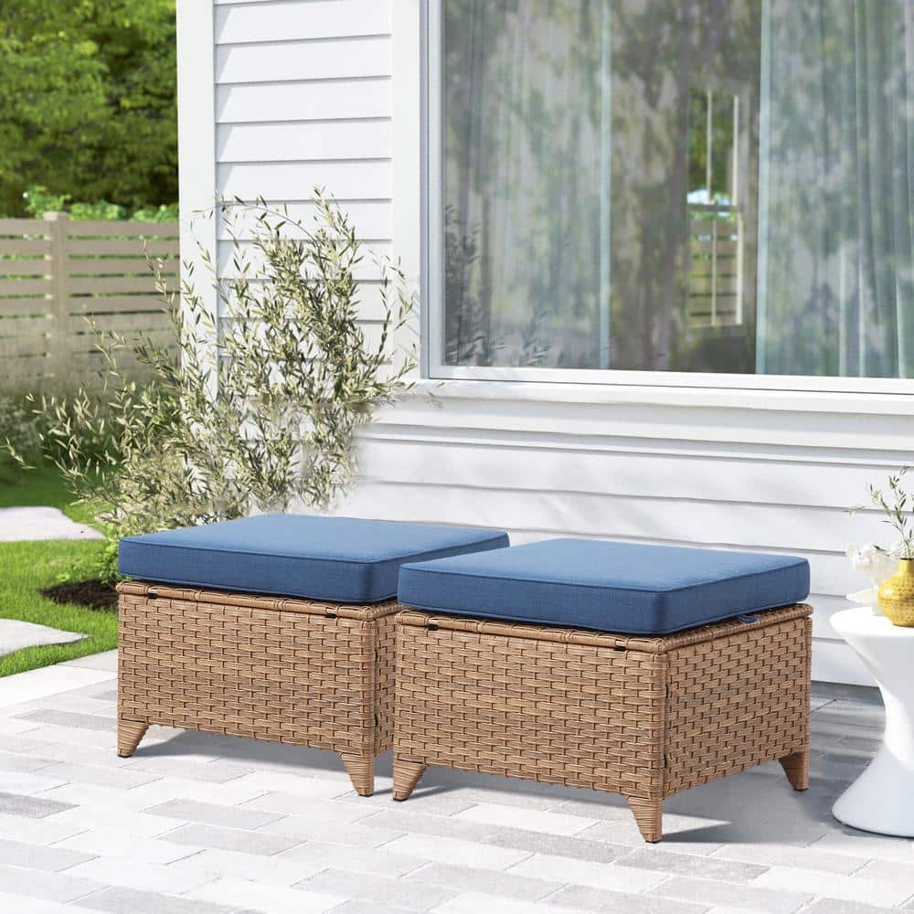 Opohoro Yellow Wicker Outdoor Ottoman, All-Weather Patio Ottomans (Set ...