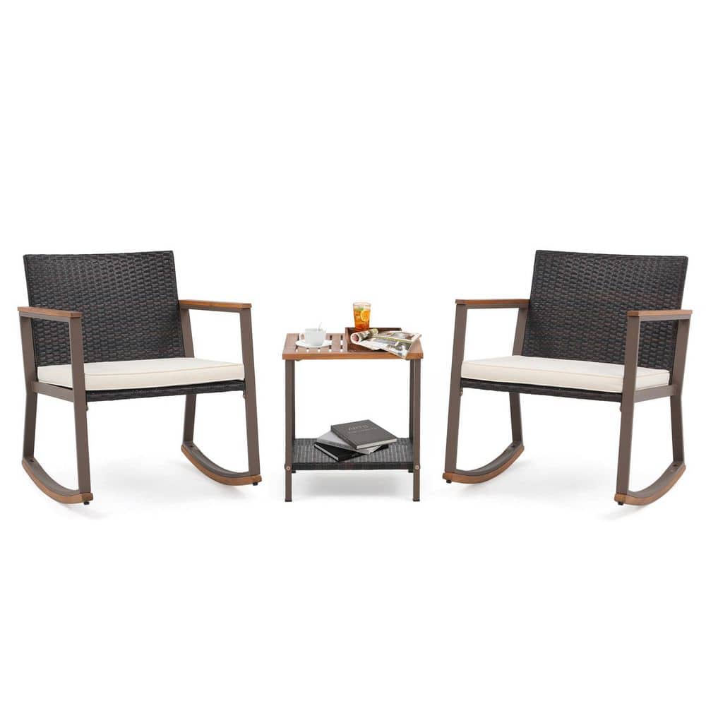 Freestyle 3-Piece Brown Wicker Outdoor Rocking Chair Bistro Conversation Set with Beige Cushions ...