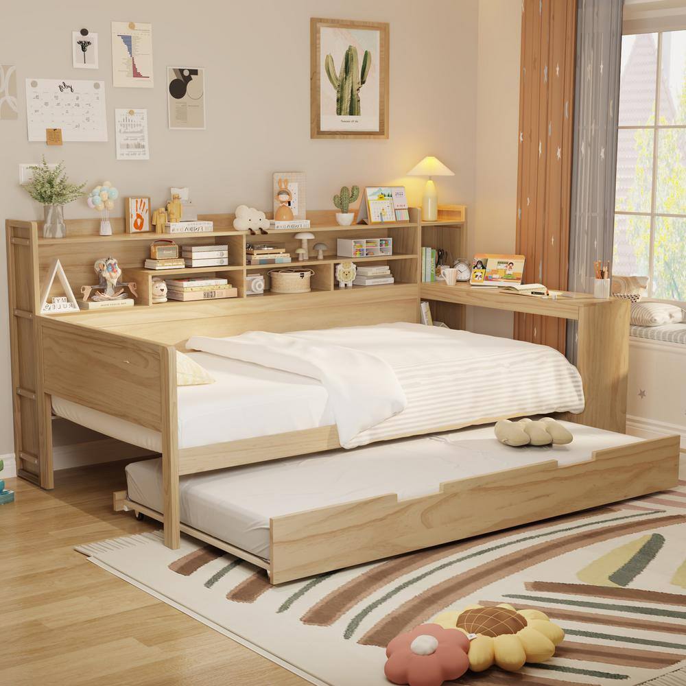 Harper & Bright Designs Natural Twin Size Multi-functional Wood Daybed ...