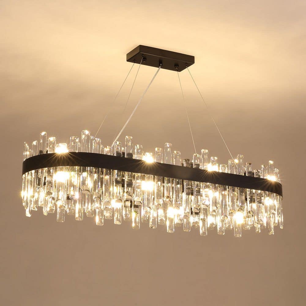 WDETR 43 in. Dimmable 16-Light Crystal Chandelier Modern Black Rectangular Chandelier with Clear ...