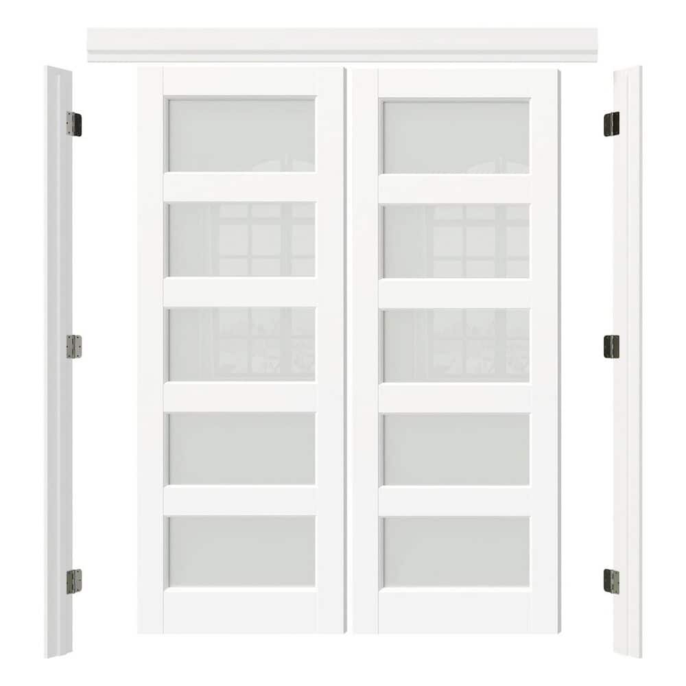 TENONER 64 in. x 80 in. 5-Lite Frosted Glass White Primed Solid Core ...