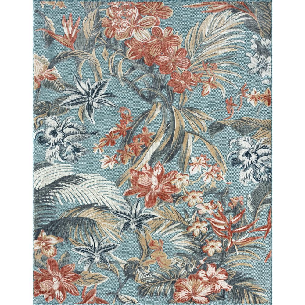 Tayse Rugs Tropic Aqua 5 ft. x 7 ft. Floral Indoor/Outdoor Area Rug ...