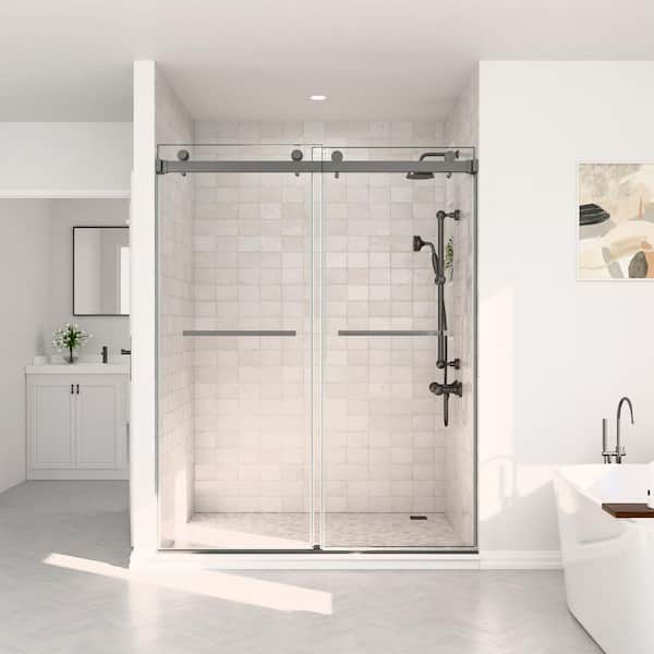 SHAAMA 60 in. W x 72 in. H Double Sliding Frameless Shower Door in Space Gray with Smooth ...