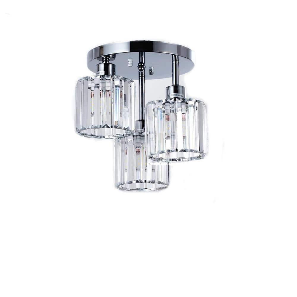 Sunpez 10.6 in. W 3-Light Silver Semi Flush Mount Ceiling with Clear Crystal Shades, E26, No ...
