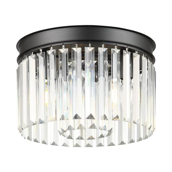 pasentel 12 in. 3-Light Round Modern Black Drum Flush Mount Ceiling Light with Clear Crystal ...