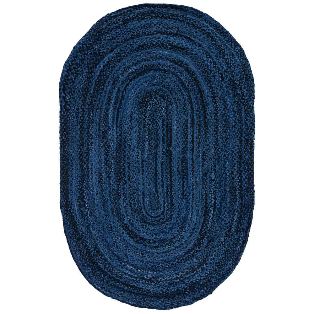 SAFAVIEH Braided Navy/Black 6 ft. x 9 ft. Oval Solid Color Striped Area ...