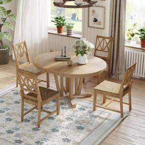 Harper Bright Designs 5 Piece Round Natural Wood Top Extendable Dining Table Set with 15.8 in. Removable Leaf 4 Cross Back Chairs