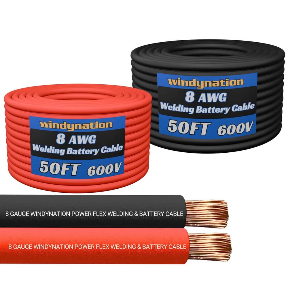 WindyNation 8-Gauge 50 ft. Black/50 ft. Red Welding Cable (1 Pair) 8G ...