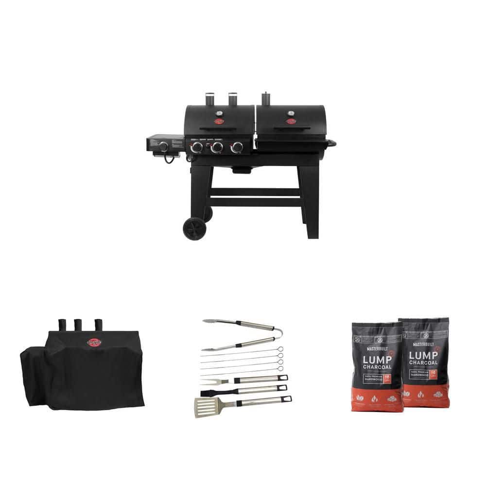 Double Play 3-Burner Gas/Charcoal Grill with Cover, Tool Set and Lump ...
