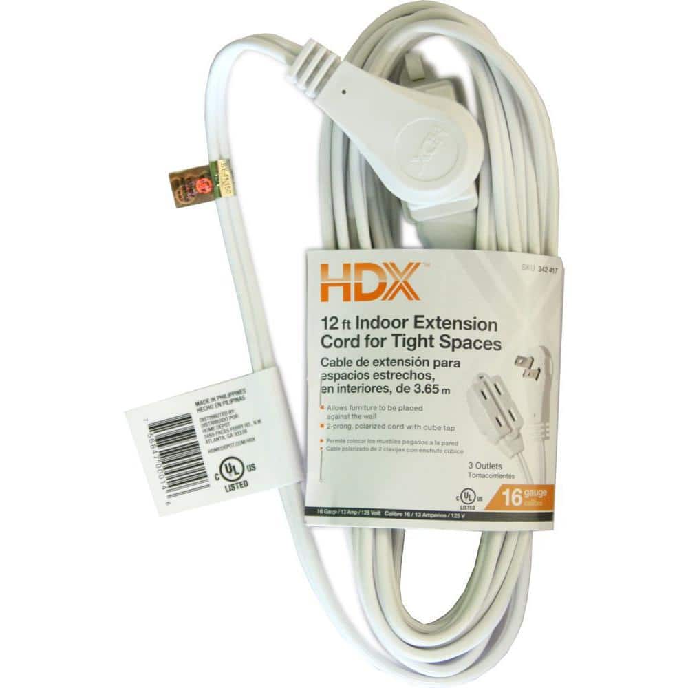 HDX 12 ft. 16/2 Light Duty Indoor Tight Space Multi-Outlet Extension ...