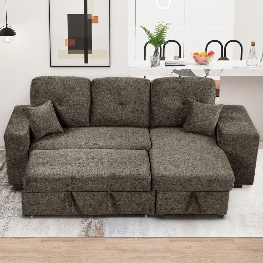 Polibi 95 in. Square Arm Velvet L -Shaped Sofa with Side Shelf and 2 ...