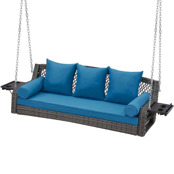 3-Seat Gray Double Ribs Wicker Outdoor Porch Swing Patio Swing Chairs ...