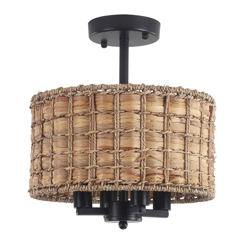 ADSENSTY 11.81 in. 4-Light Black Drum Natural Rattan Seagrass Semi ...