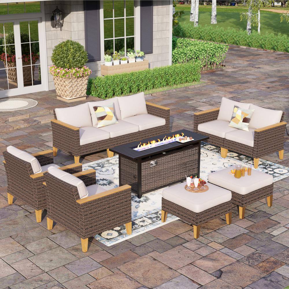 PHI VILLA Brown Rattan Wicker 9 Seat 10-Piece Steel Outdoor Fire Pit ...