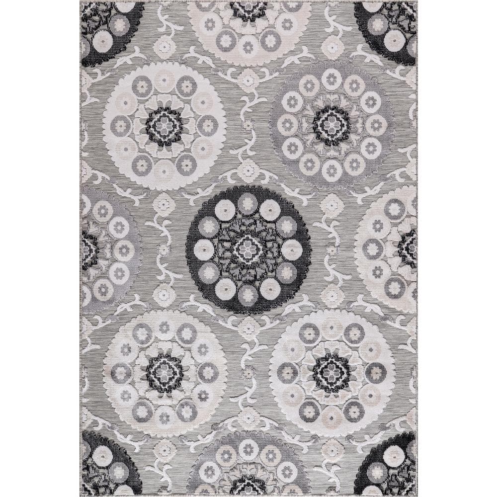 CAMILSON Bloom Gray/Black 10 ft. x 14 ft. Bohemian Medallion Floral ...