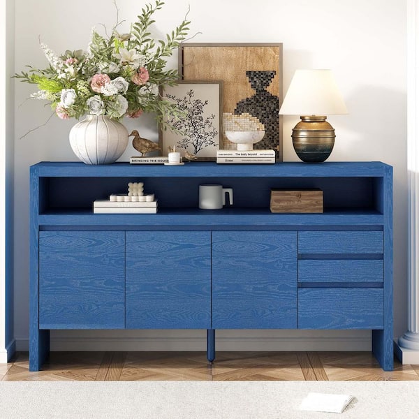 Navy Blue MDF 60 in. 3-Door Sideboard Buffet Cabinet Modern Solid ...