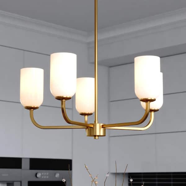 VAXCEL Shelby 5-Light Gold Brass Transitional Chandelier White Glass ...