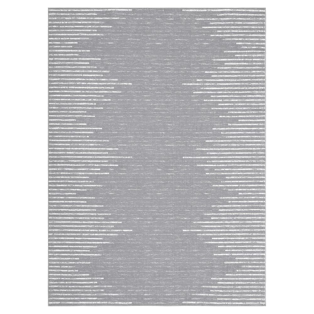 Garvee Washable Gray 5 ft. x 7 ft. Modern Striped Printed Rug Low Pile ...