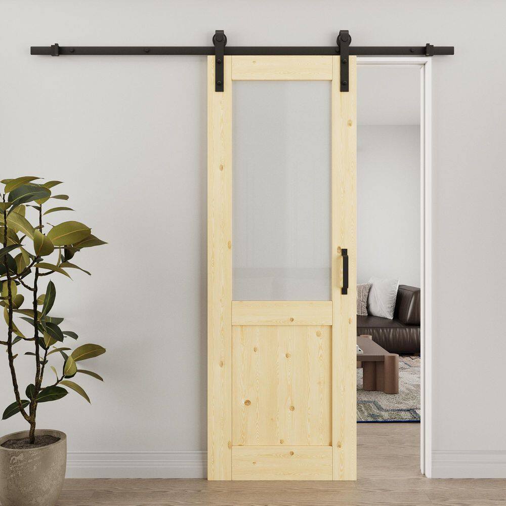 ARK DESIGN 28 in. x 80 in. 1/2-Lite Frosted Glass Solid Core Unfinished Pine Wood Sliding Barn ...