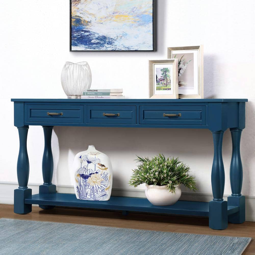 Zeus & Ruta 63 in. x 14 in. x 30 in. Wood Console Table in Navy Blue ...