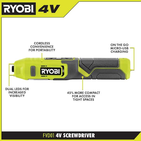 RYOBI 4V Cordless 1/4 in. Screwdriver with Impact Rated Driving Set (40-Piece) FVD01K-A964001 ...