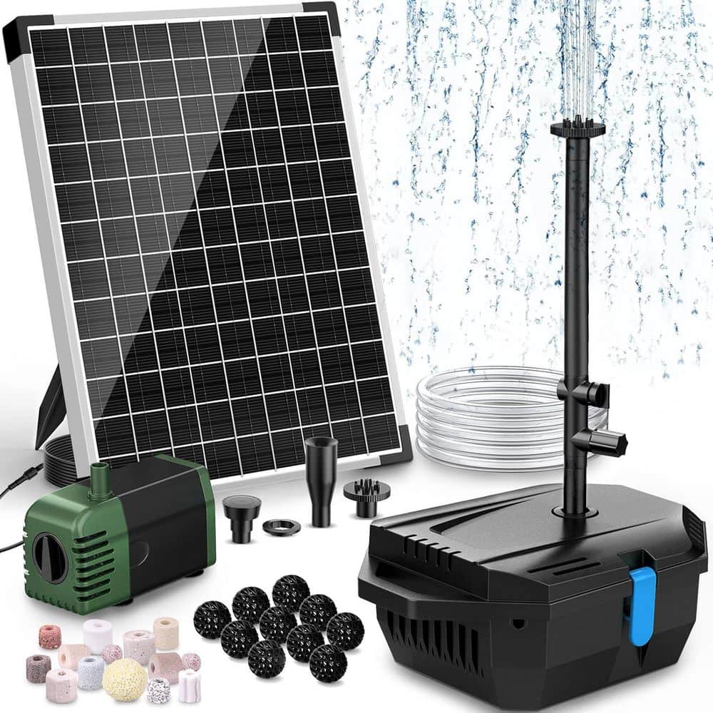 Phewnyzo 20-Watt Solar Pond Filter Kit with 280GPH Fountain Pump and 6. ...