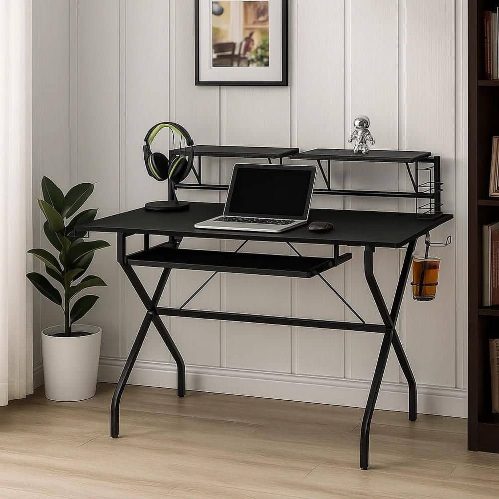 Benjara 37 in. H x 24 in. W Black Tubular Metal Frame Computer Desk ...