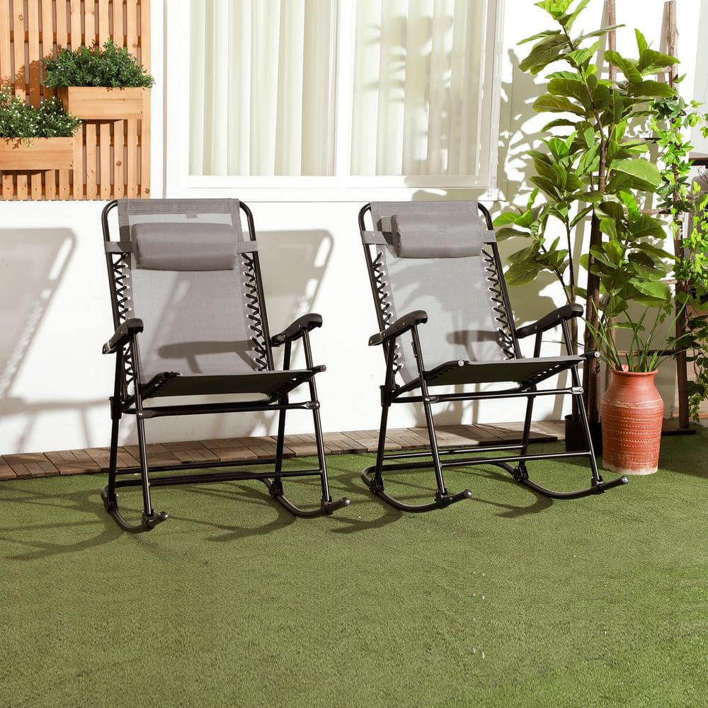Otryad Gray Metal Outdoor Rocking Chair, 2-Piece Patio Folding Lawn ...