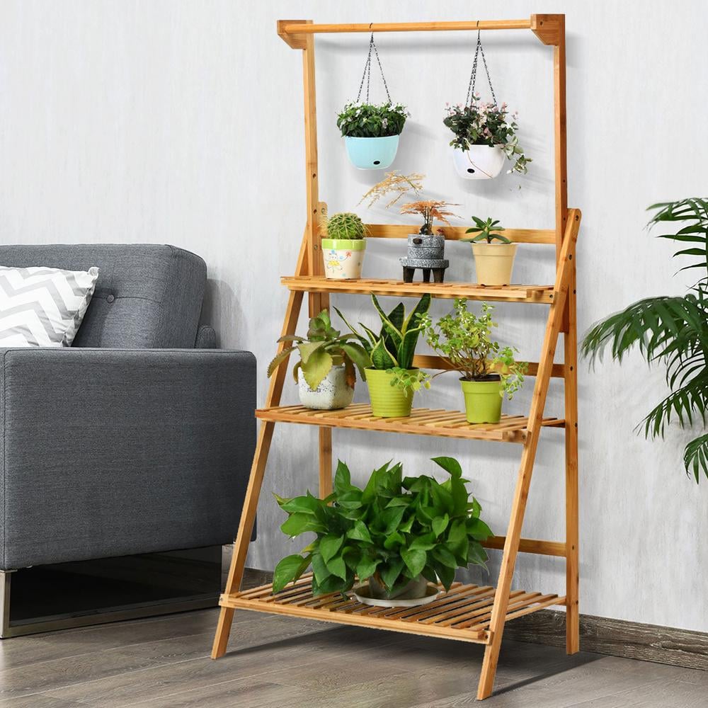 ANGELES HOME Natural Bamboo Hanging Plant Stand Flower Rack with 3 ...