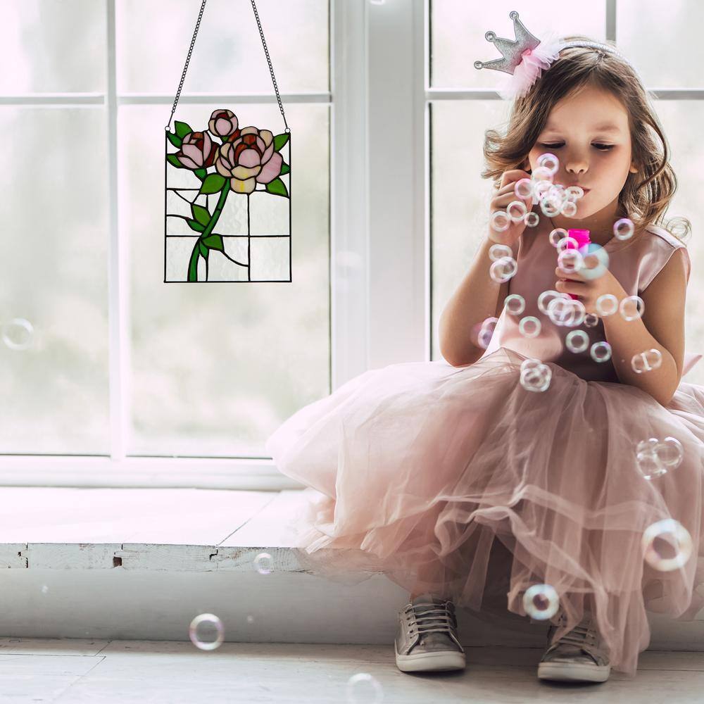 River of Goods Country Chic Pink Rose Stained Glass Window Panel 21066 ...