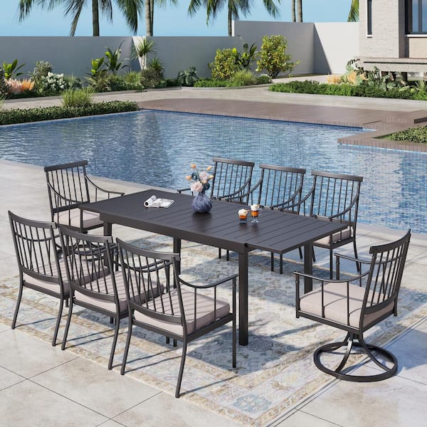 PHI VILLA 9-Piece Metal Outdoor Dining Set with Extensible Table and ...