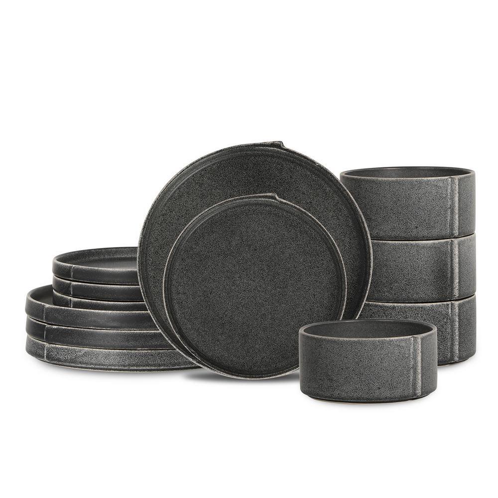STONE LAIN Bao 12-Piece Charcoal-Gray Stoneware Dinnerware Set (Service ...