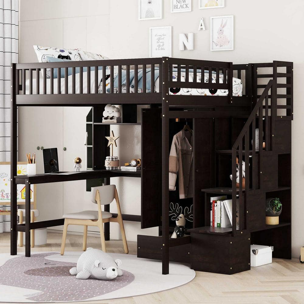 Polibi Full Size Loft Bed with Bookshelf, Drawers, Desk, and Wardrobe-Espresso RS-24332AAPF ...