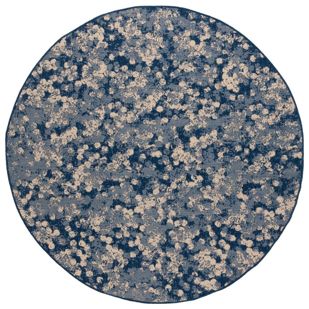 SAFAVIEH Courtyard Navy/Beige 7 ft. x 7 ft. Marle Indoor/Outdoor Round ...