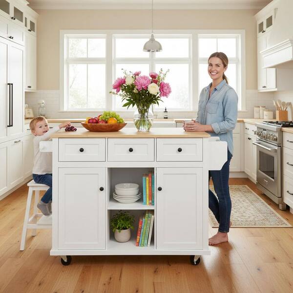 Runesay White Rubberwood Drop-Leaf Countertop 53.1 in. Kitchen Island ...