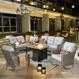 XIZZI Crius Gray 5-Piece Wicker Patio Rectangular Fire Pit Set with ...