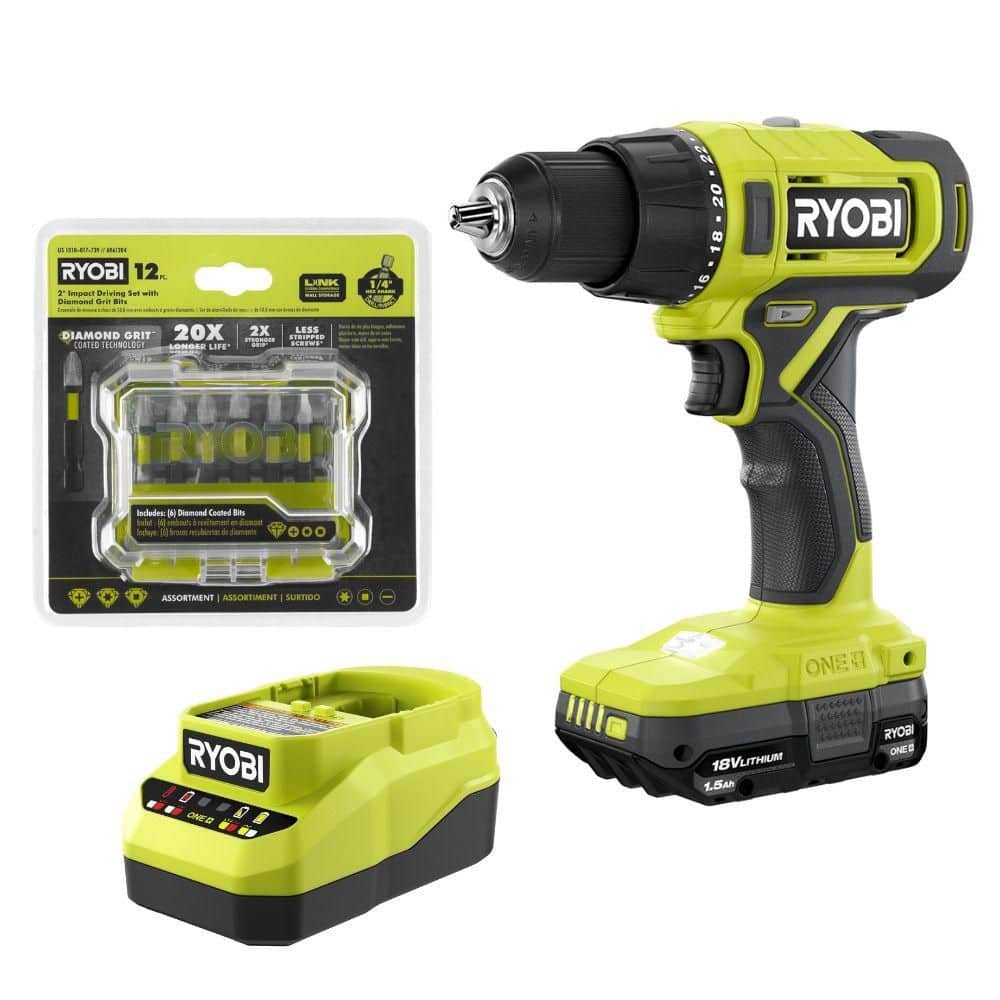 RYOBI ONE+ 18V Cordless 1/2 in. Drill/Driver Kit with 1.5 Ah Battery ...