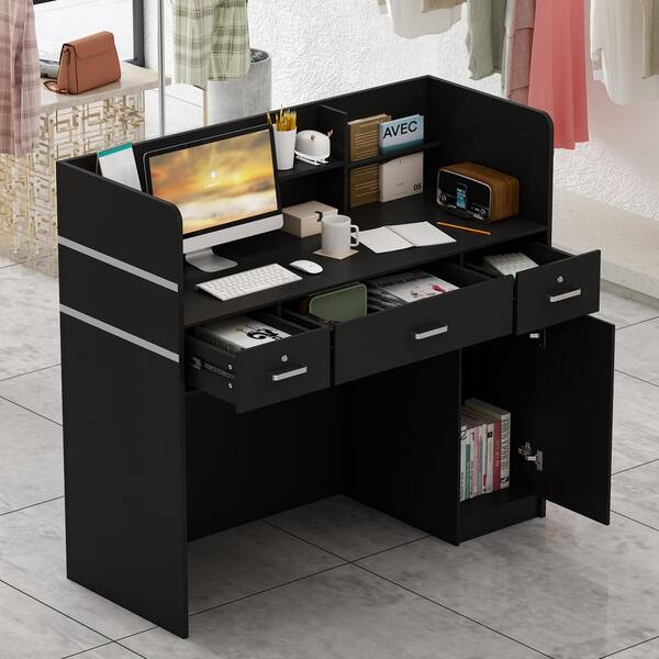 FUFU GAGA 47.2 in. L Rectangle Black Wood Computer Gaming Desk Reception Desk Executive Writing Workstation W Drawers Cabinet KF210126 02 KPL The Home Depot