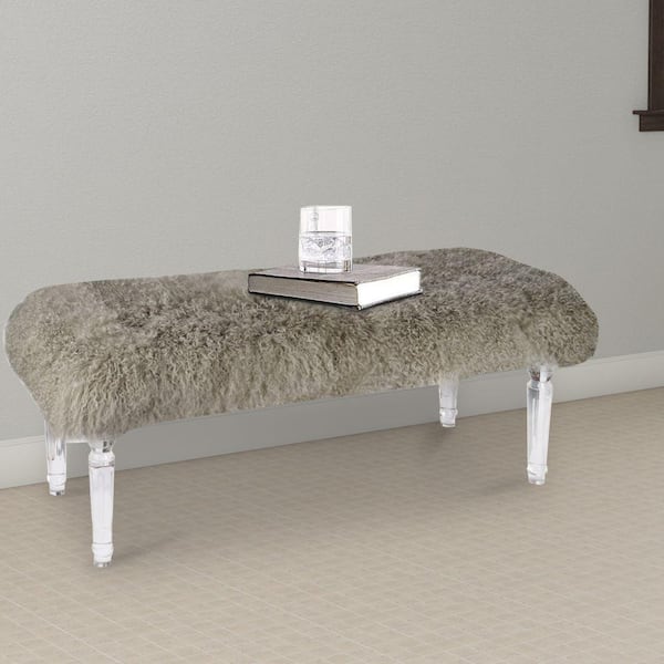 Benjara Soft to Touch Gray Mongolian Fur Seating Dining Bench (49 in. L ...